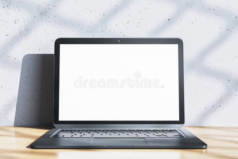 Blank Laptop Screen Mockup on Wooden Desk Against Textured White Wall ...