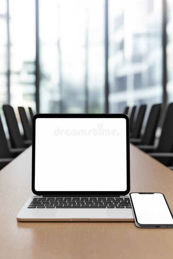 Blank Laptop Screen Smartphone Conference Room Table Modern Office ...