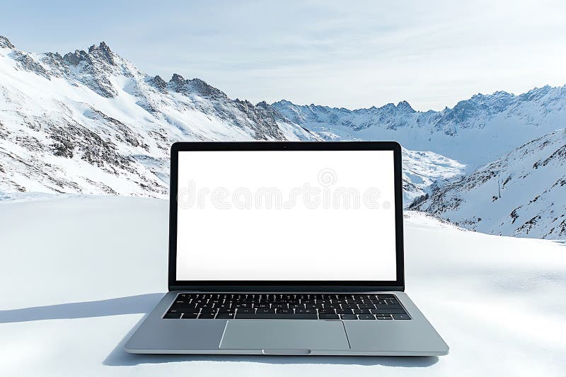 Blank Laptop Screen on Snowy Mountain Peak for Remote Work Concept ...