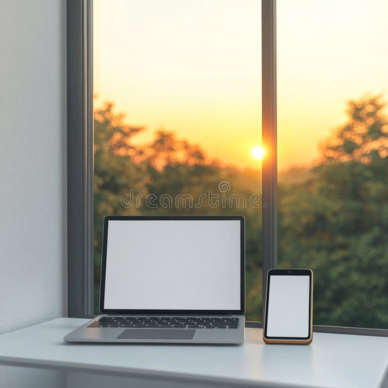 Blank Laptop Smartphone Desk Window Sunset View Stock Photos - Free ...