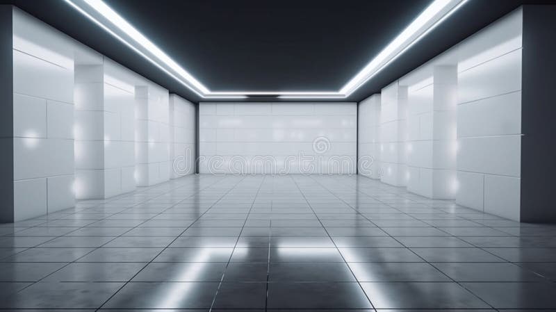 Blank Light Wall and White Floor in Empty Hall Room with Led Light on ...