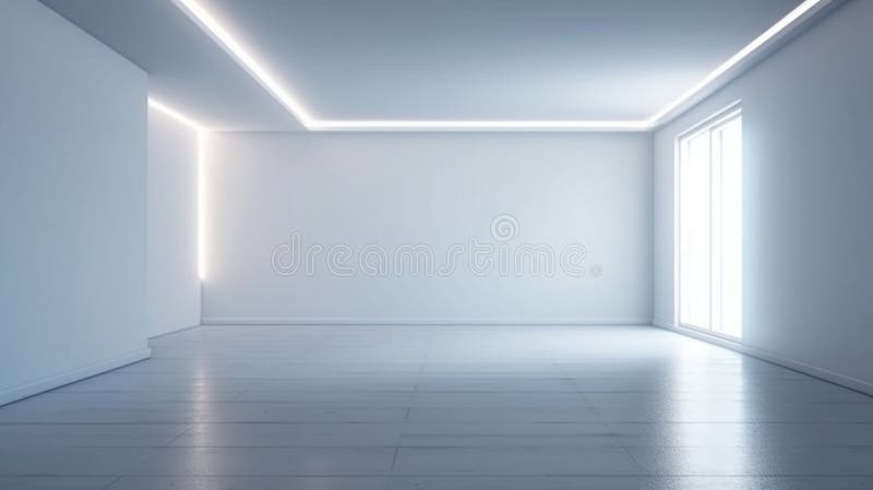 Blank Light Wall and White Floor in Empty Hall Room with Led Light on ...