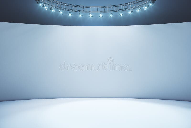 Blank Light Wall and White Floor in Empty Hall Room with Led Light on ...
