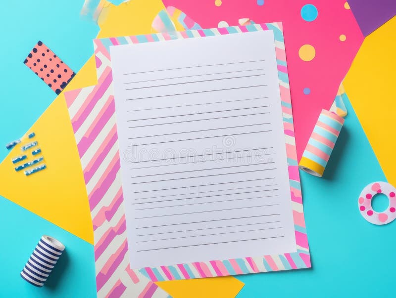 Blank Lined Paper Sheet Surrounded by Colorful Papers and Decorative ...