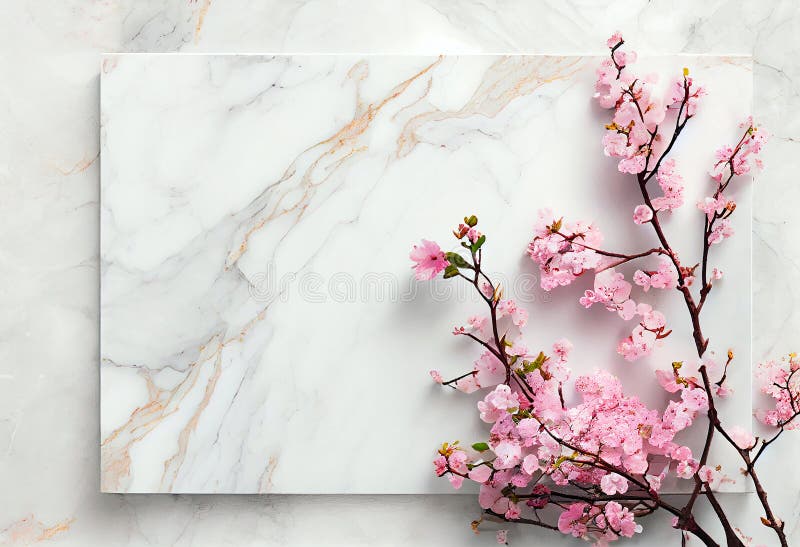 Blank Marble Surface with Blooming Pink Spring Sakura Cherry Tree ...