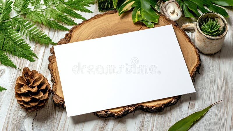 Blank Matte Paper on Wooden Slice Surrounded by Greenery and Decor ...