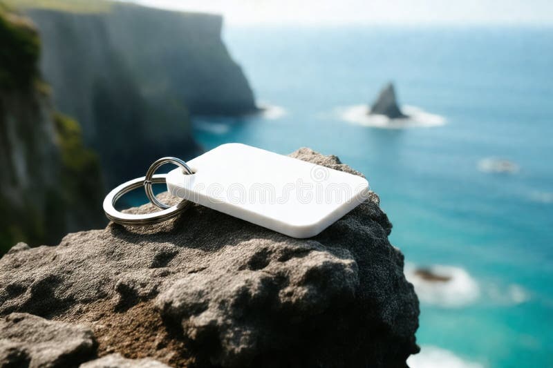 Blank Matte White Keychain on Rugged Cliff Edge with Ocean Breeze Stock ...