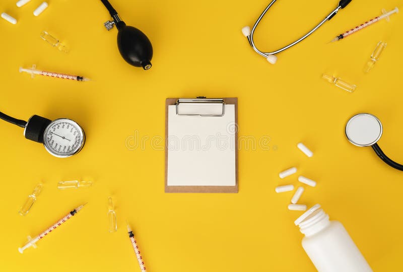 Blank Medical Clipboard Stethoscope Tonometer Syringes Ampoules And
