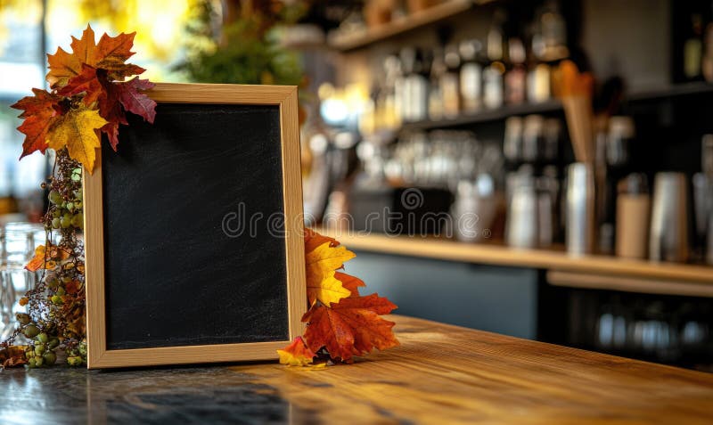 Blank Menu Board on a Counter, Decorated with Autumn Leaves Stock Photo ...