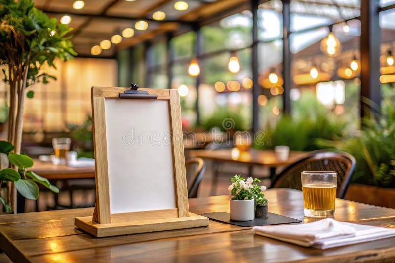 Blank Menu Board on Wooden Table in Cozy Restaurant Setting with ...