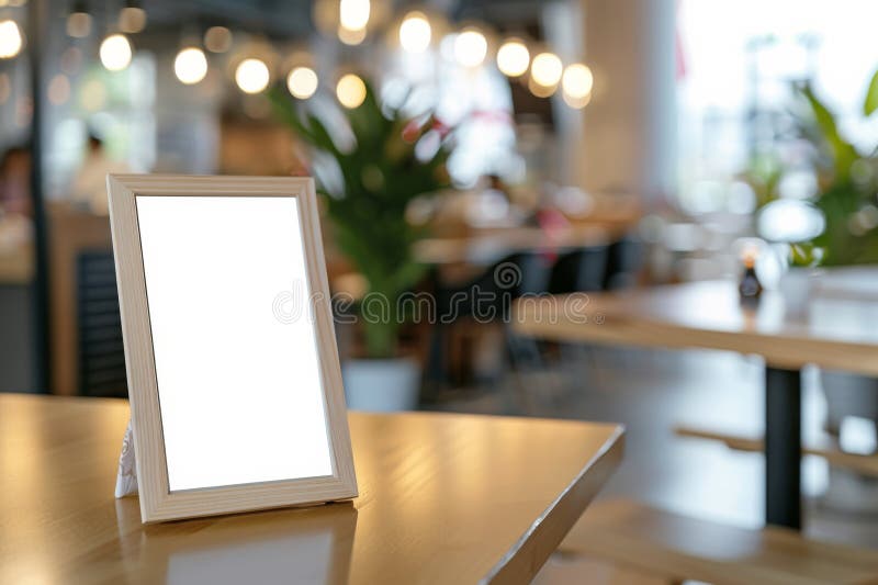 Blank Menu Frame on Wooden Table in Modern Restaurant Interior Stock ...