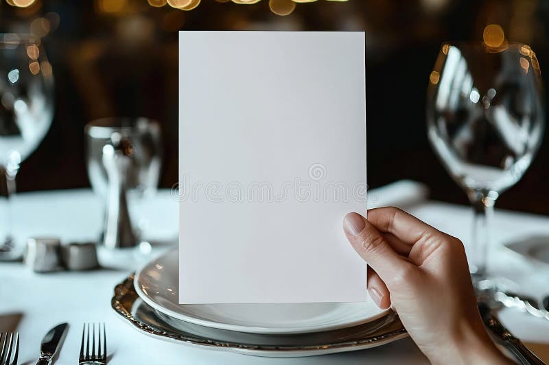 Blank Menu Paper Held in Hand Over Luxury Restaurant Table. Mock Up ...