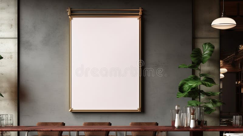 A Blank Menu or Sign with a Golden Frame is Hanging on a Wall in a ...