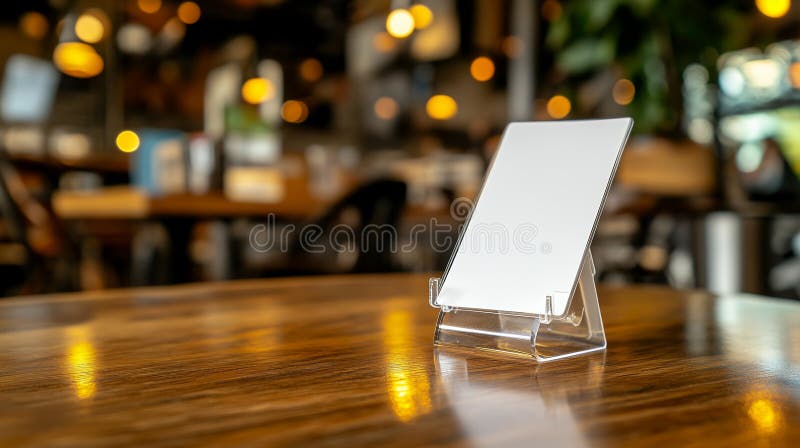 Blank Menu Sign Holder on Wooden Table in Restaurant Setting Stock ...