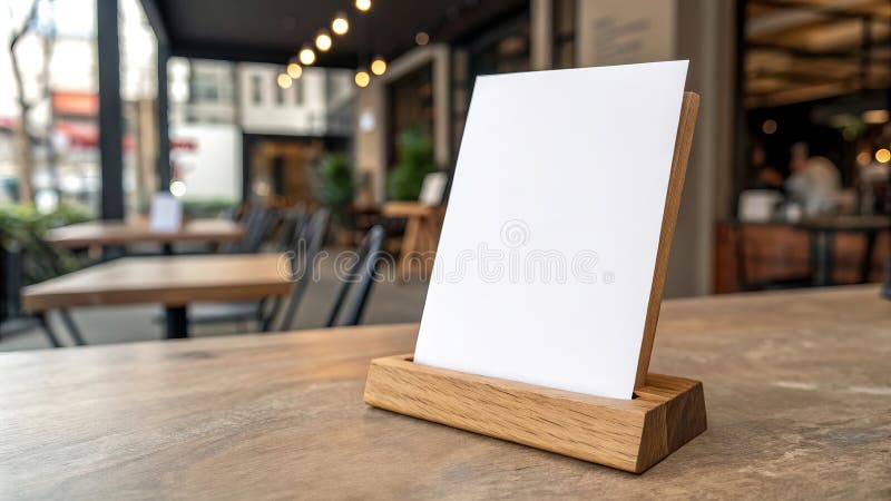 Blank Menu Stand on Rustic Table in Outdoor Cafe Stock Photo - Image of ...