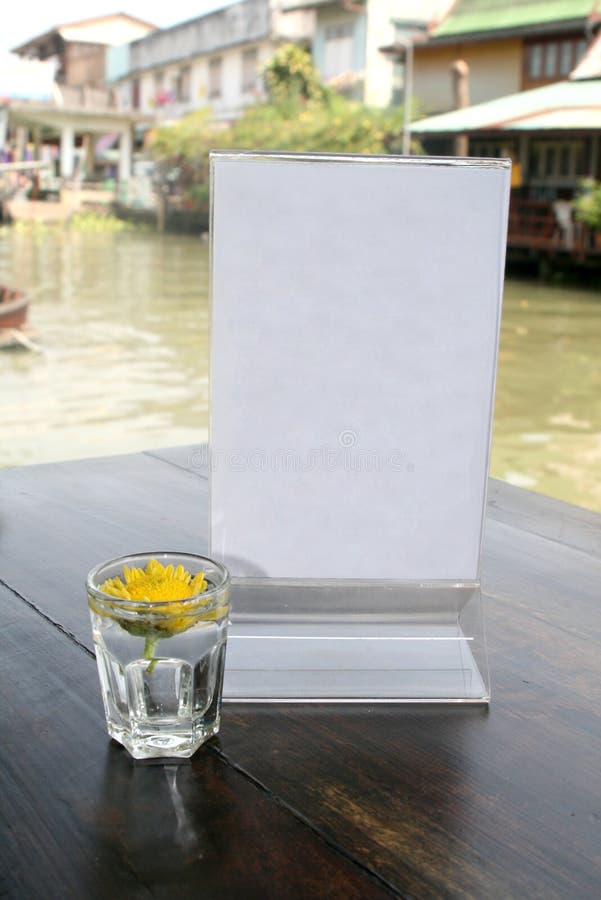 Blank Menu Stand with Shot Glass Flowers Stock Photo - Image of ...