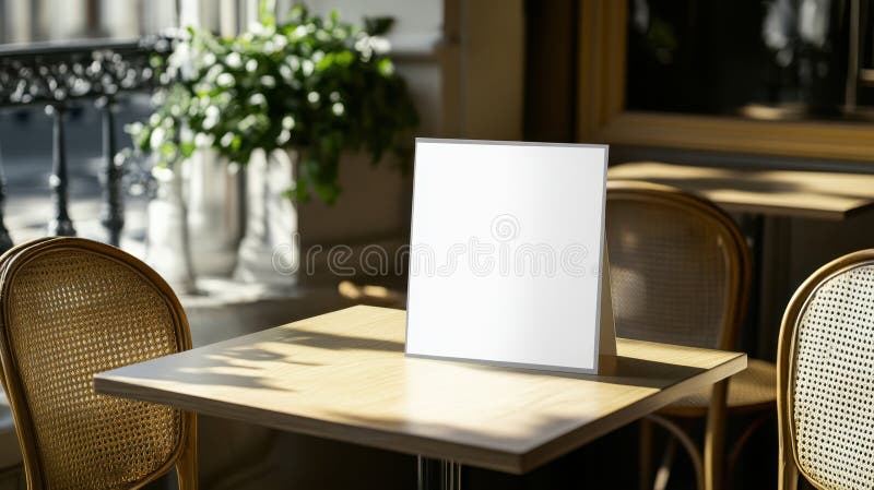 Blank Menu Stand on Table at Outdoor Cafe in Sunlight Stock Photo ...