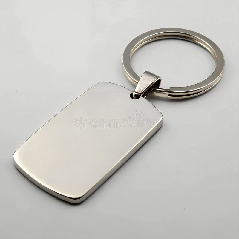 A Blank, Rectangular Silver Metal Keychain on a White Background. Clean ...