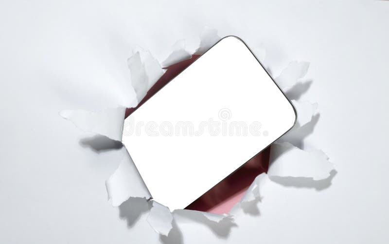 Blank Mobile Phone from the Hole of Ripped Paper. Mockup or Copy Space ...