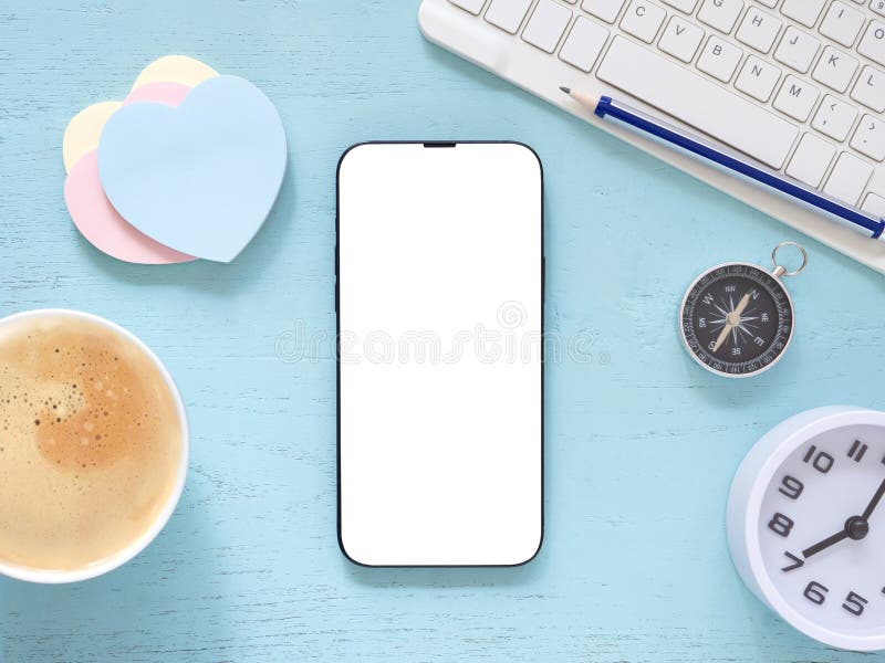 Blank Mobile Phone White Screen Isolated for Mockup and Coffee Cup ...
