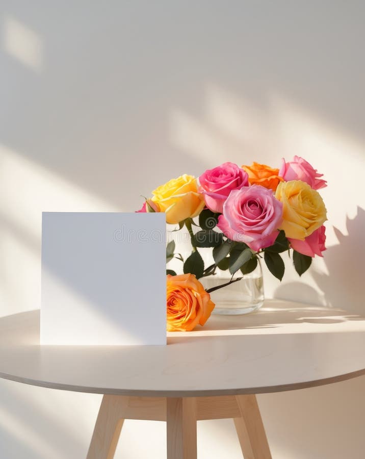 Blank Mock Up Card on the Table Decorated with Colorful Roses Stock ...