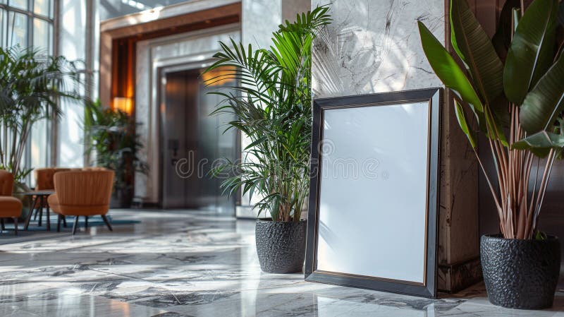 A Blank Mock-up of a Photo Frame by the Elevator in the Hotel Lobby. AI ...