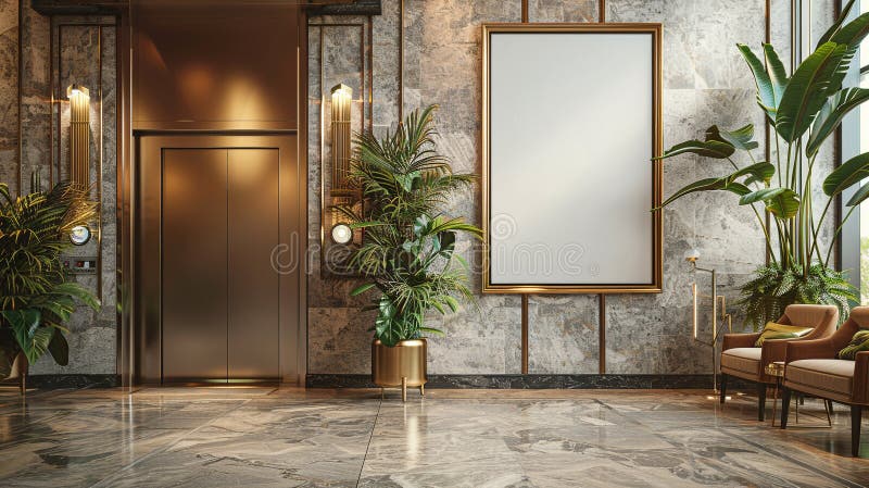 A Blank Mock-up of a Photo Frame by the Elevator in the Hotel Lobby. AI ...