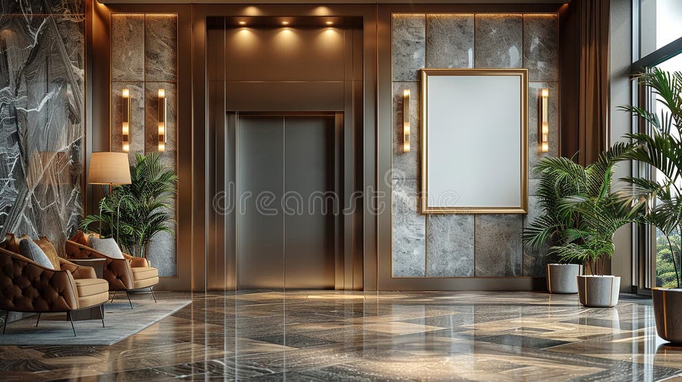 A Blank Mock-up of a Photo Frame by the Elevator in the Hotel Lobby. AI ...