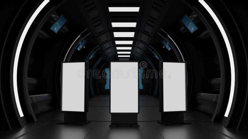Blank Mock Up Vertical Billboard or LCD Screen Floor Stand in Spaceship ...