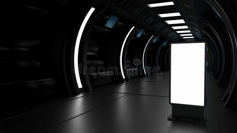 Blank Mock Up Vertical Billboard or LCD Screen Floor Stand in Spaceship ...