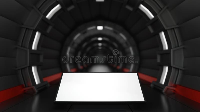 Blank Mock Up Vertical Billboard or LCD Screen Floor Stand in Spaceship ...