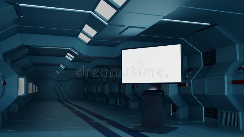 Blank Mock Up Vertical Billboard or LCD Screen Floor Stand in Spaceship ...