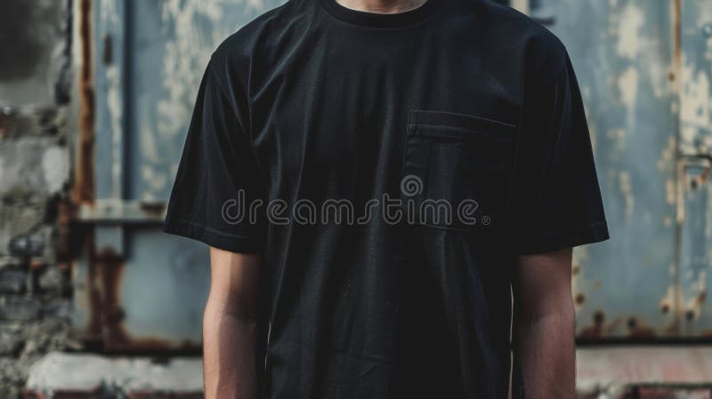 Blank Mockup of a Basic Black Tshirt with a Large Back Pocket. Stock ...
