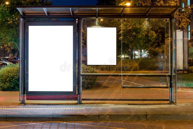 Blank Mockup of Bus Stop Vertical Billboard in Front of Park at Night ...