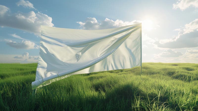 Blank Mockup Of A Large Blank Flag Stretched Out On A Grassy Field And Flapping Gently In The
