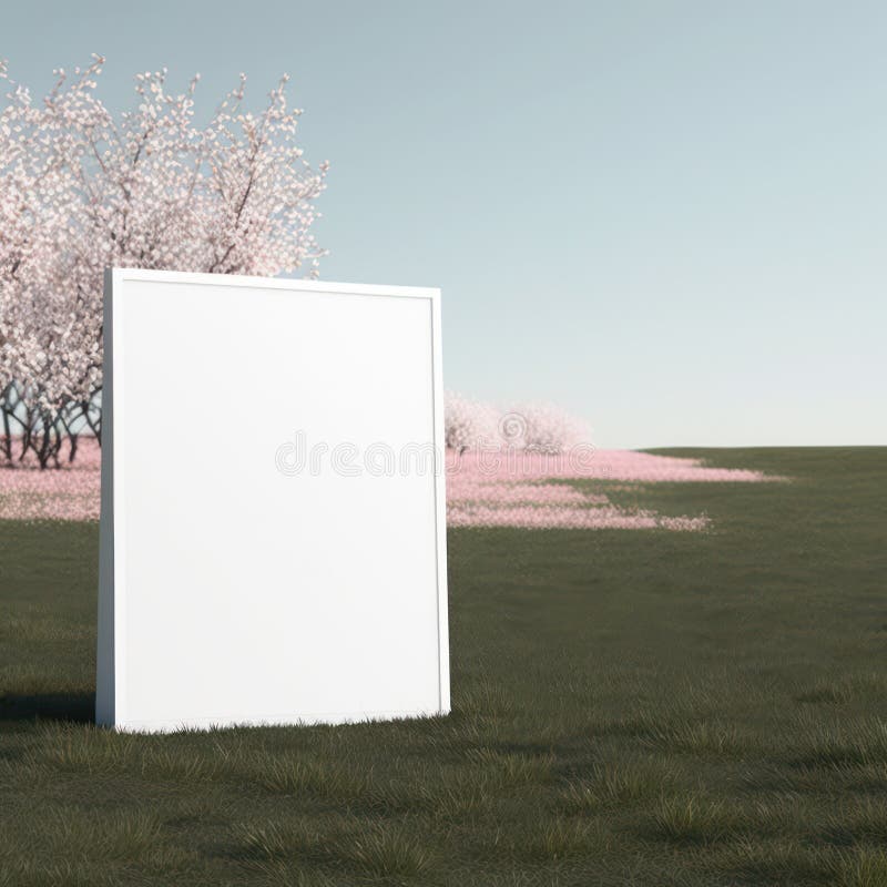 Blank Mockup of Poster Billboard on Pink Cherry Blossoms and Grassy ...
