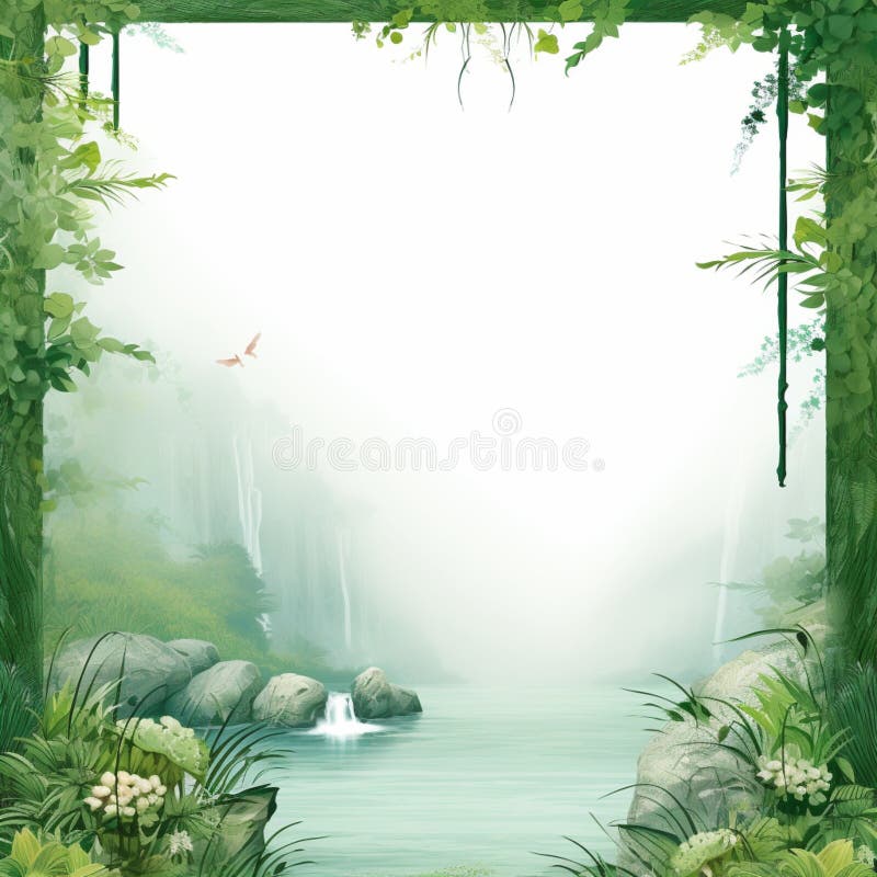 Blank Note Frame, Light Green Theme, Bamboo Forest, Moon, Waterfall ...