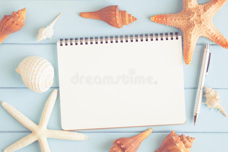 A Blank Note with Starfish and Sea Shells on a Blue Wooden Floor Stock ...