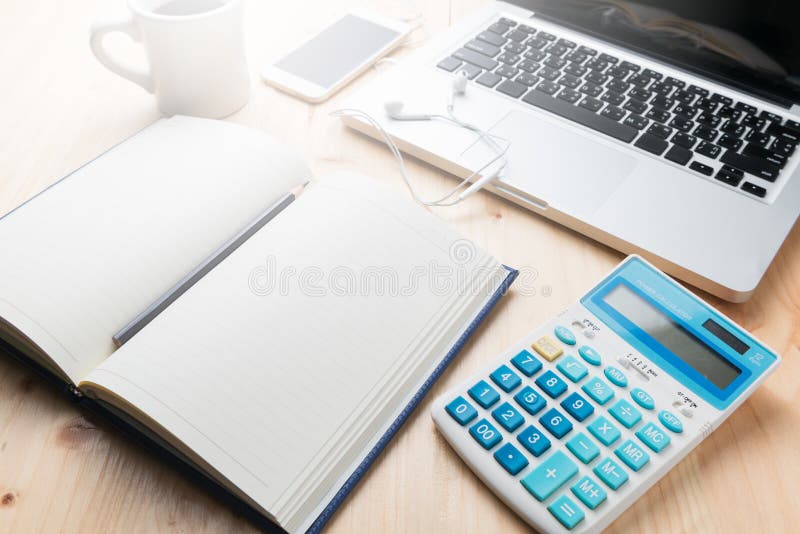 Blank Notebook with Calculator and Laptop Stock Photo - Image of page ...