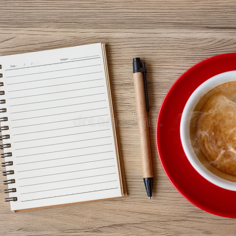Blank Notebook and Coffee Cup on Wood Table. Motivation, Resolution, To ...