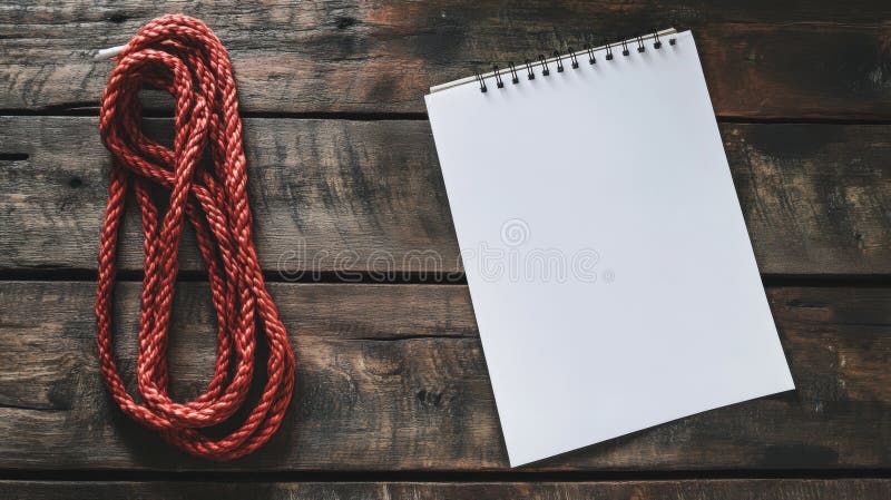 Blank Notebook beside a Coiled Red Rope on Wood Stock Illustration ...
