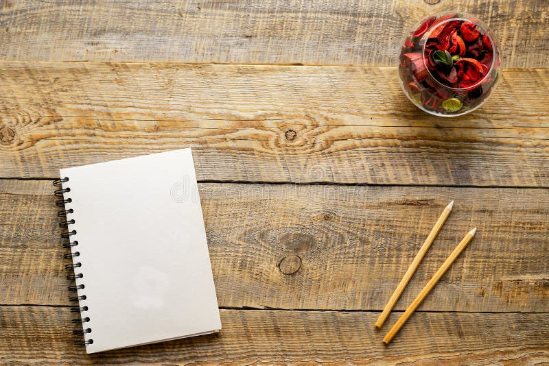 Blank Notebook with Flower on Wooden Table Stock Photo - Image of card ...