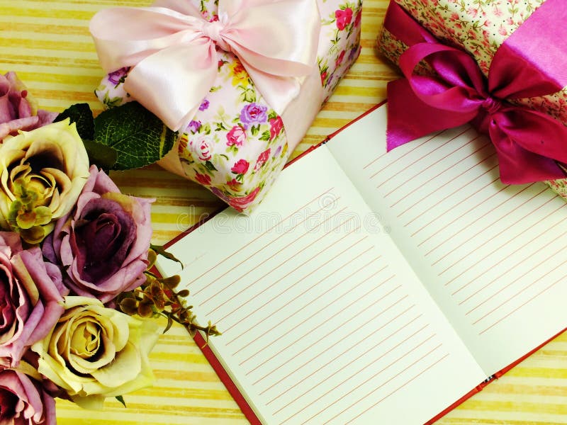 Blank of Notebook with Gift Box and Beautiful Bouquet Flowers Stock ...