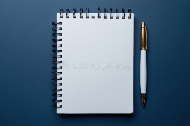 Blank Notebook with Gold Pen on Blue Background for Creative Writing ...