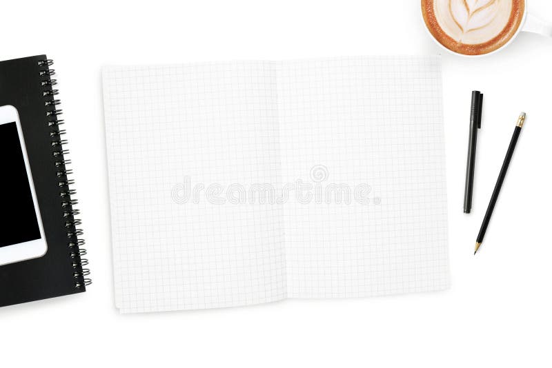 Blank Notebook with Grid Lines is on Top of White Table. Top View, Flat ...