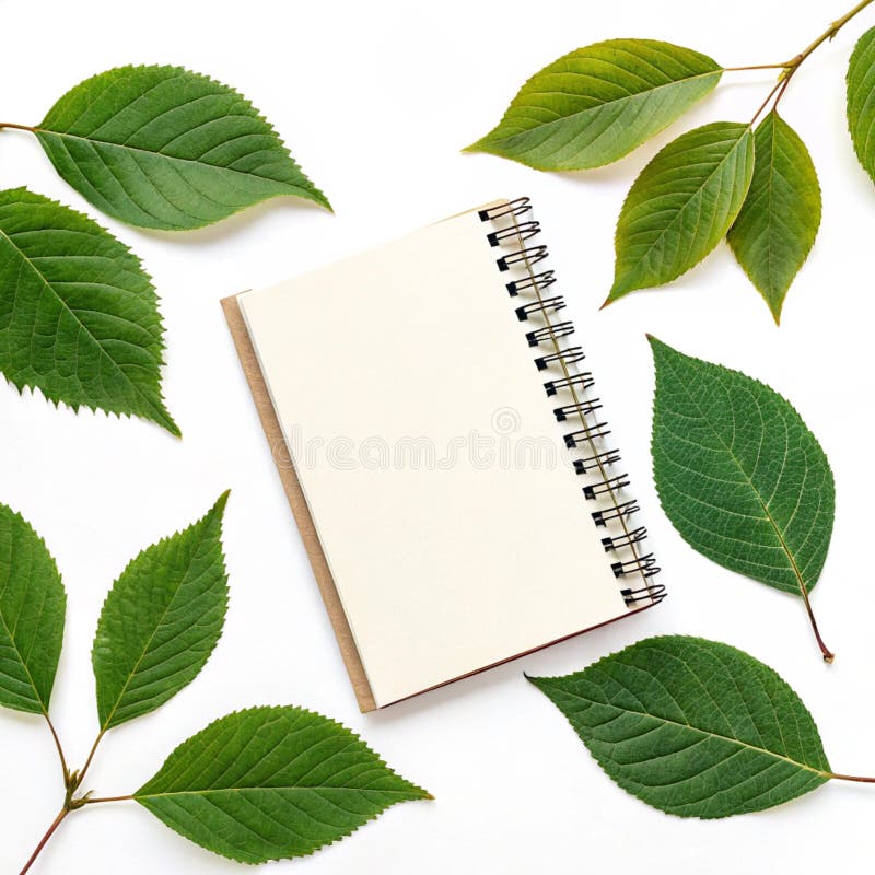 Blank Notebook and Leaves Isolated on White Background Stock ...