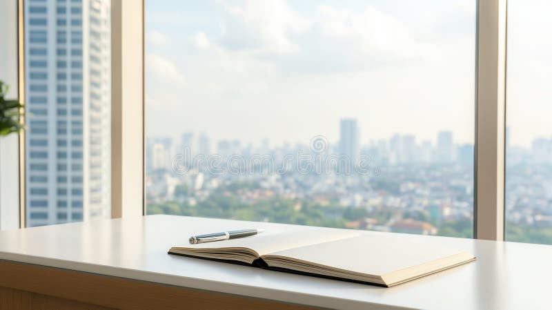 Blank Notebook Lying Open beside Ballpoint Pen on Minimalist White Desk ...