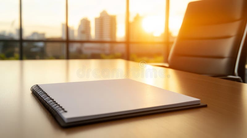 Blank Notebook Lying on Wooden Desk in Modern Office at Sunset ...