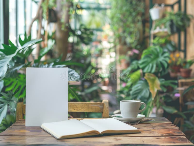 Blank Notebook and Menu Board on Wooden Table in Lush Green Cafe, with ...
