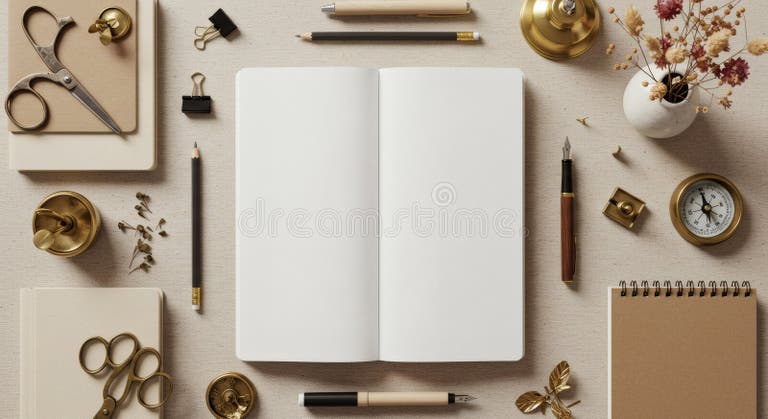 Blank Notebook Mockup with Stationery and Elegant Objects for Creative Writing Stock ...